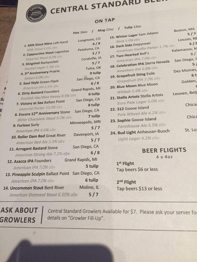 Menu at Central Standard Craft Burgers & Beer restaurant, Bettendorf
