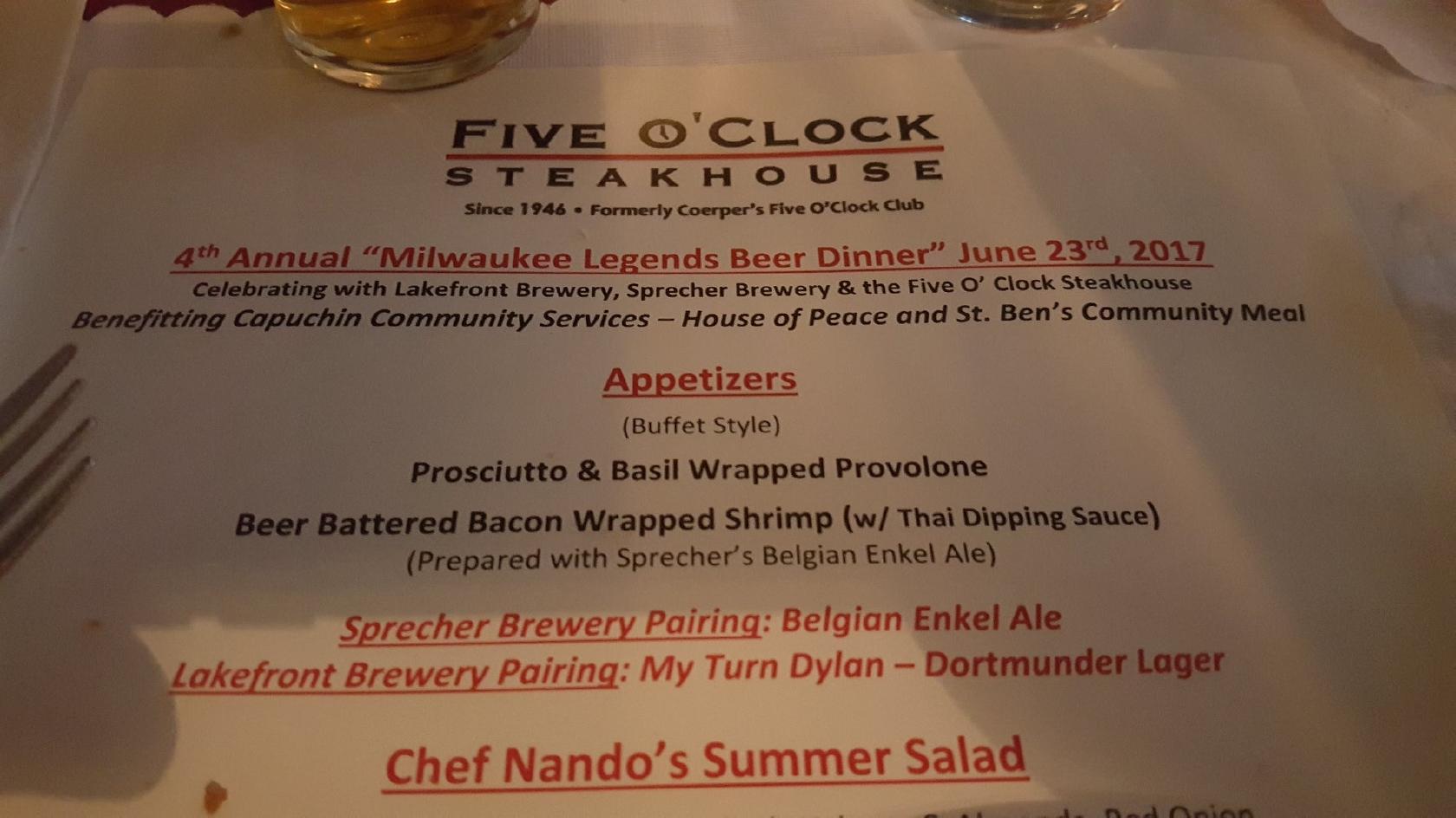 Menu at Five O'Clock Steakhouse, Milwaukee