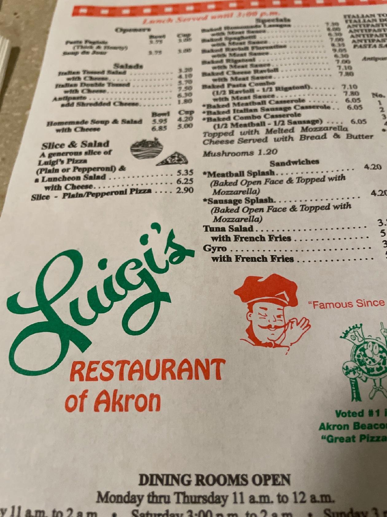Menu at Luigi's Restaurant, Akron