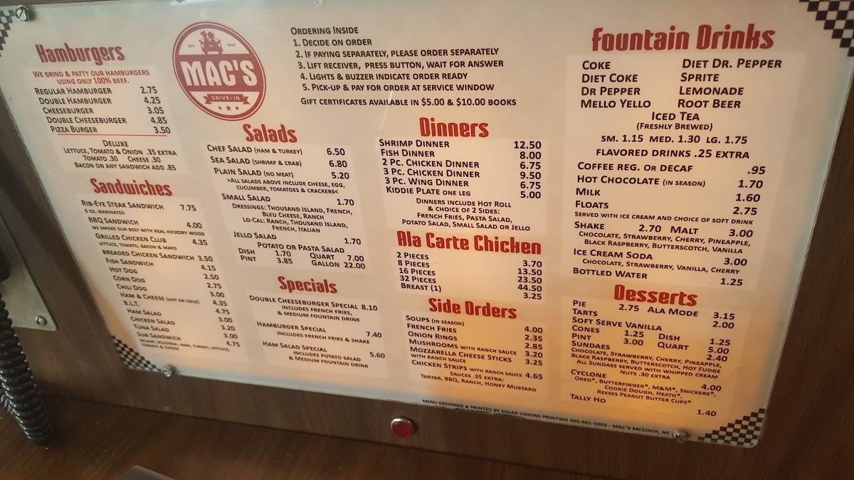 Menu at Mac's Drive-In restaurant, McCook