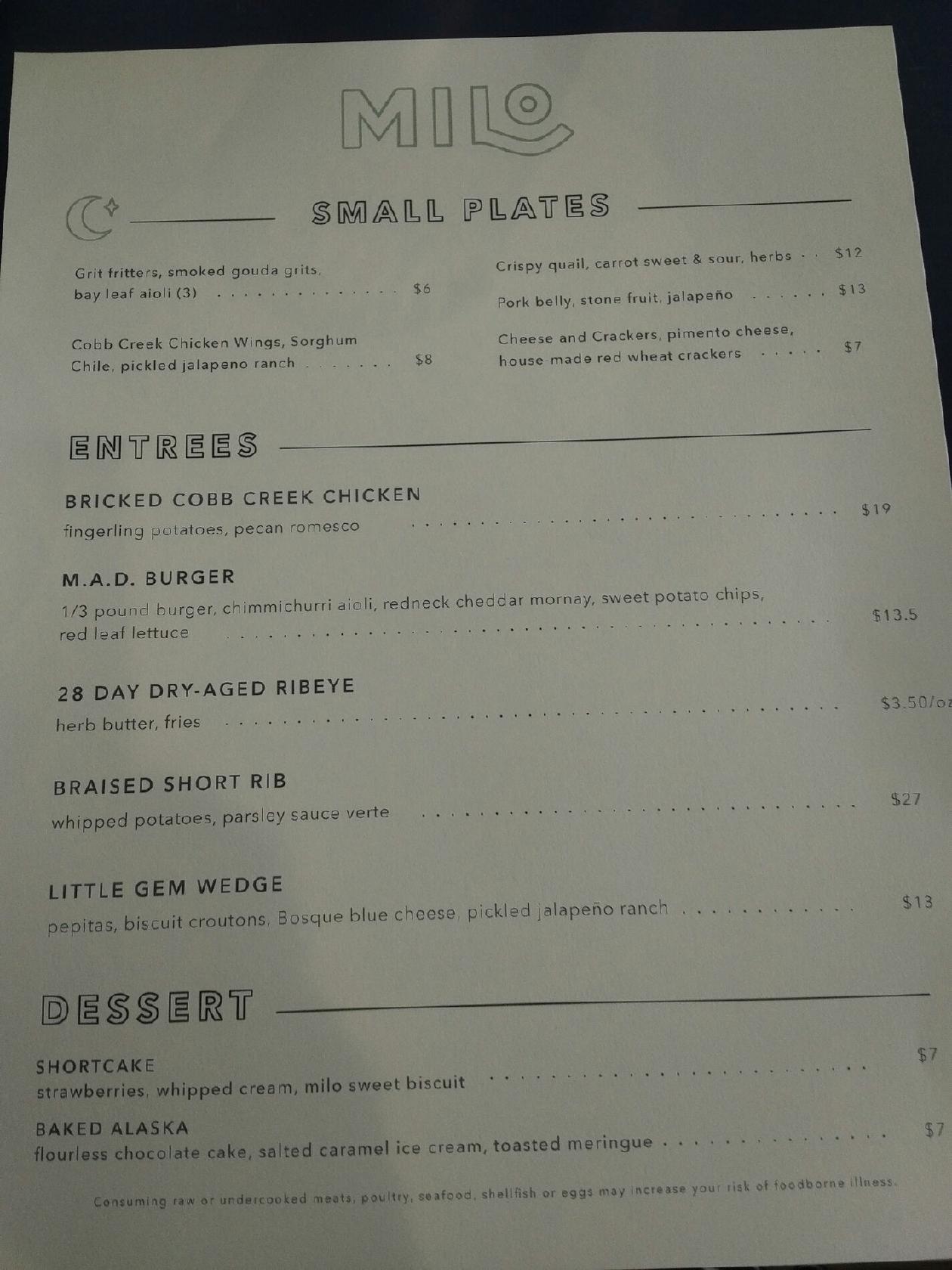 Menu at Milo pub & bar, Waco