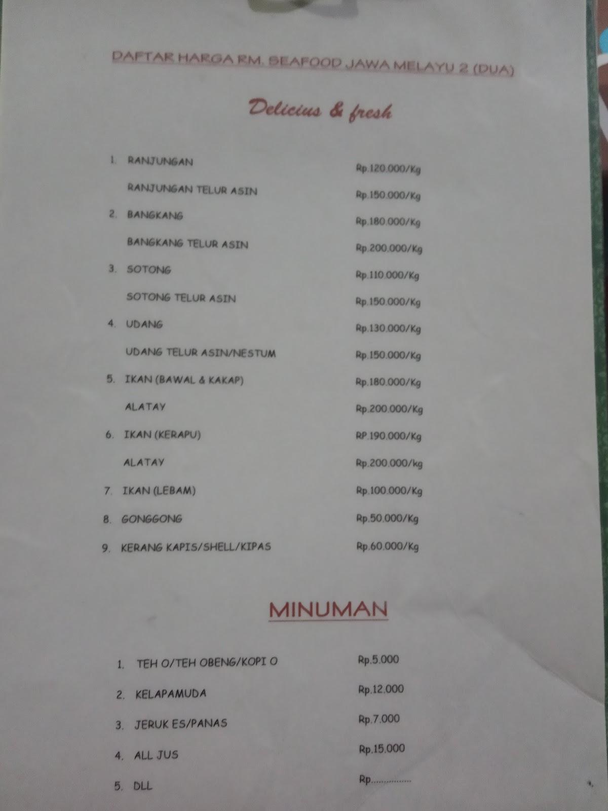 Menu at RM Seafood Jawa Melayu 2 restaurant, Batam
