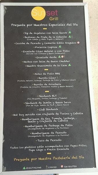 Menu at Sunset Bar, Playa del Carmen, Calle 5 Nte. 2724
