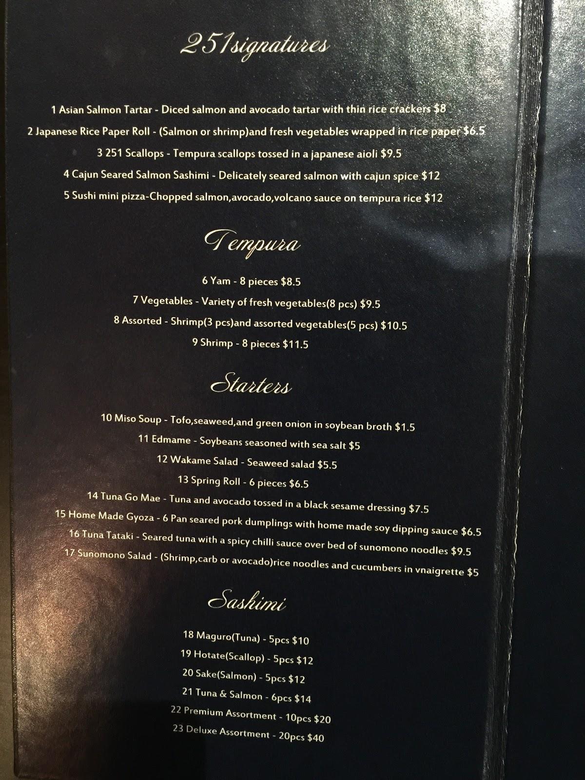 Menu at Sushi 251 restaurant, Kenora