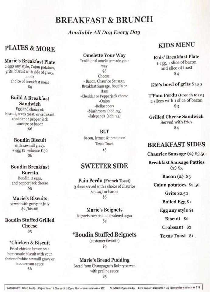 Menu at Tante Marie pub & bar, Breaux Bridge