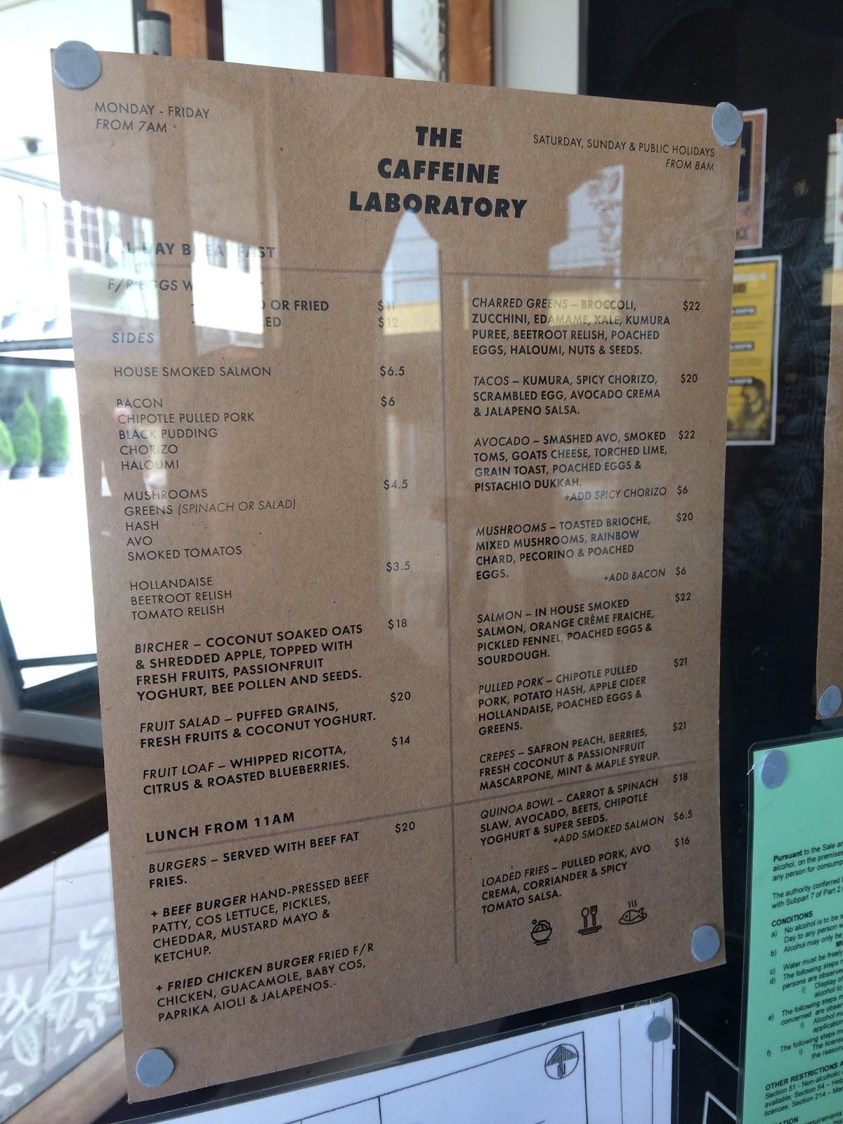 Menu at The Caffeine Laboratory cafe, Christchurch, 1 New Regent Street