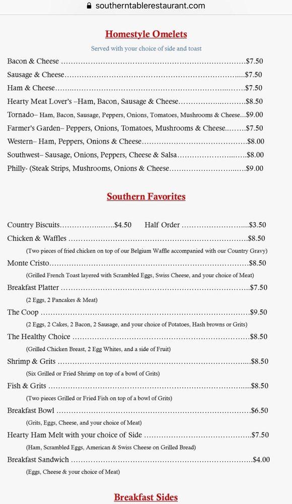 Menu at The Southern Table restaurant, Bunnell