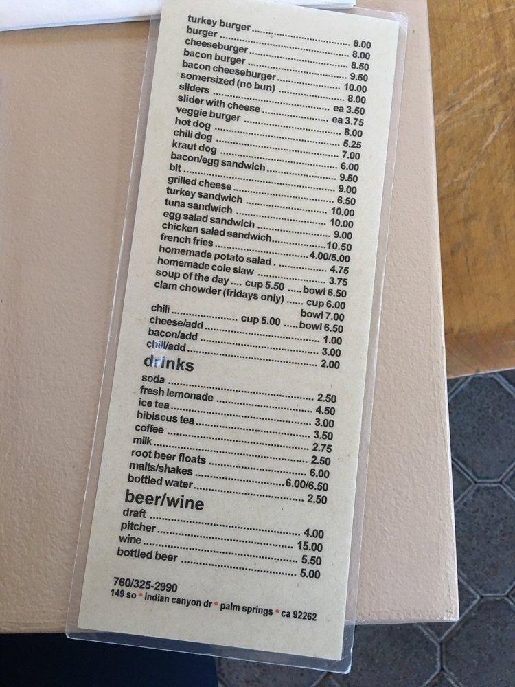 Menu at Tyler's Burgers restaurant, Palm Springs