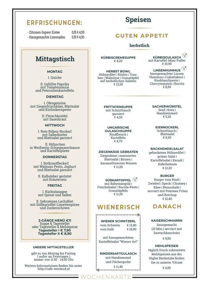 Speisekarte von Café Westend cafe, Wien