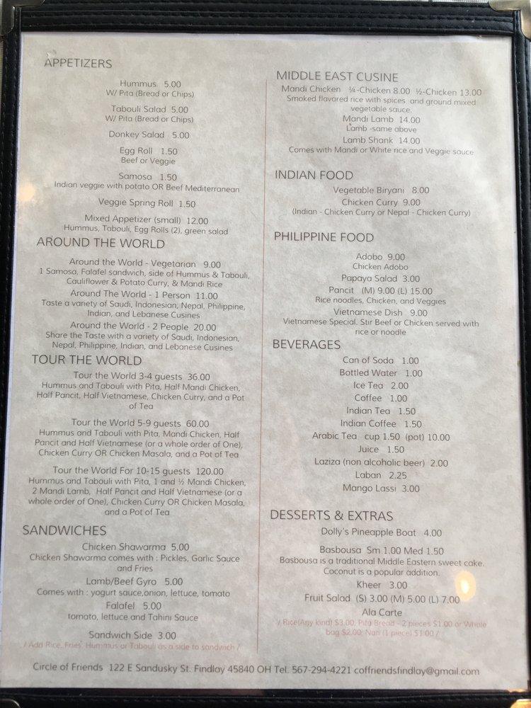 Menu at Circle of Friends Restaurant, Findlay, 125 W Sandusky St