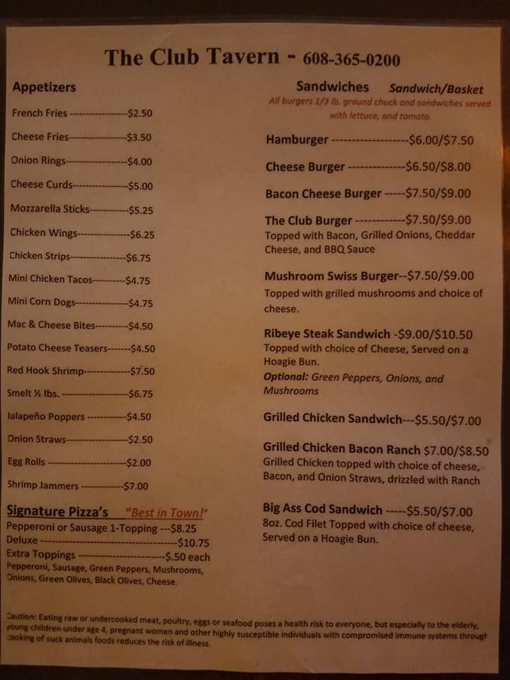 Menu at The Club Tavern, Beloit, Porter Ave