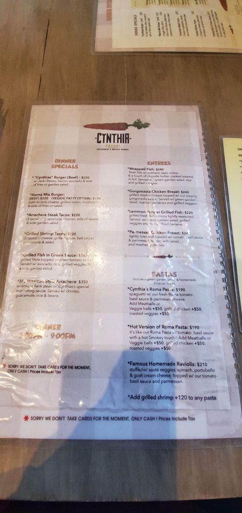 Menu at Cynthia Fresh restaurant, San José del Cabo
