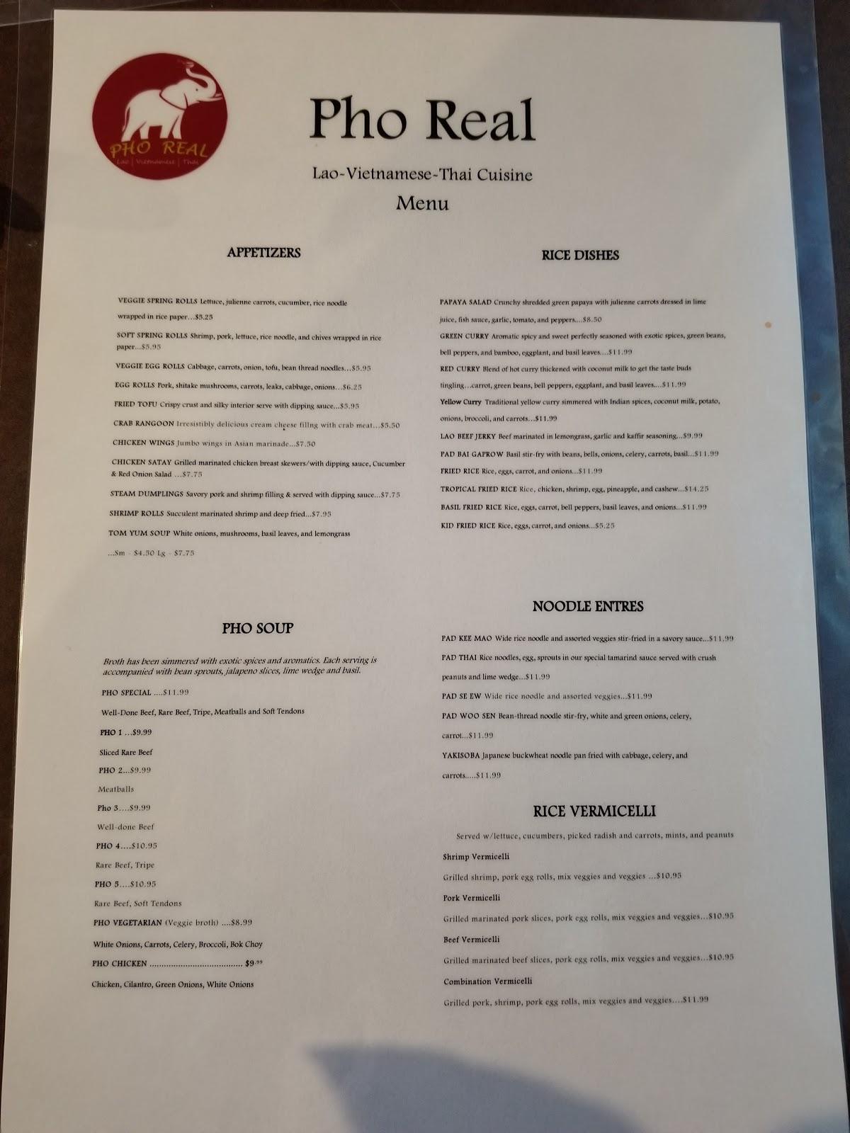 Menu at Pho Real restaurant, Indianapolis