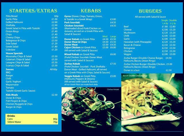 Menu at Zorbas restaurant, Hull