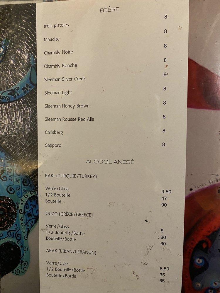 Menu at Avesta restaurant, Montréal