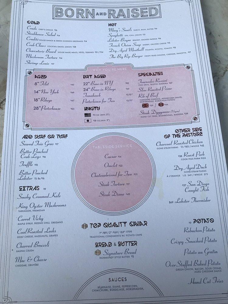 Menu at Born and Raised steakhouse, San Diego, India St