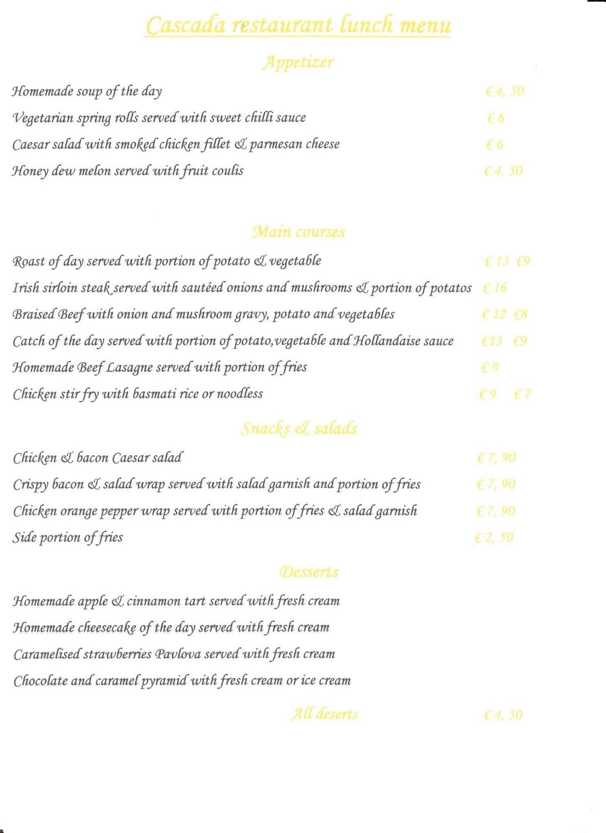 Menu at Cascada Restaurant, Ireland