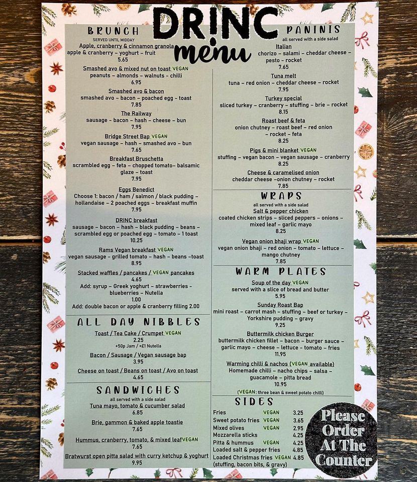 Menu at DRINC cafe, Ramsbottom