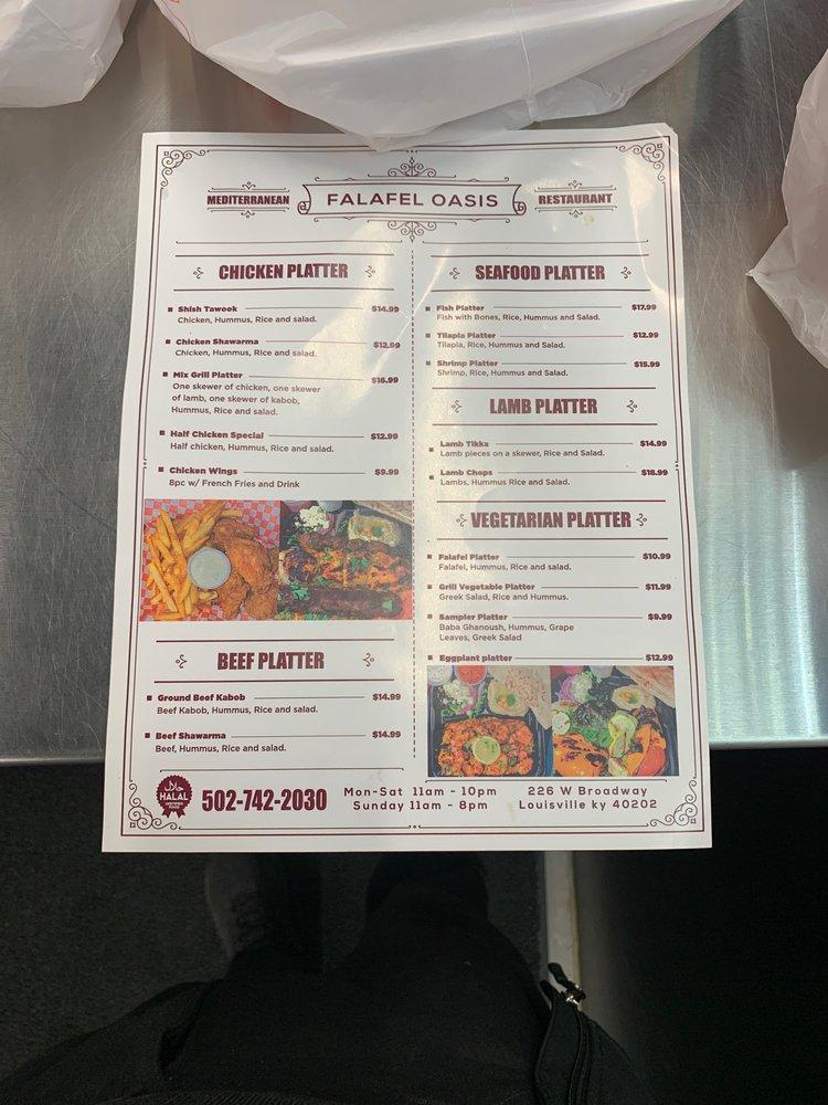 Menu at Falafel Oasis restaurant, Louisville, 226 W Broadway