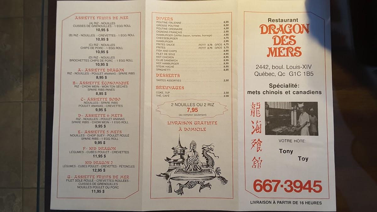 Menu au Le Dragon des Mers restaurant, Québec