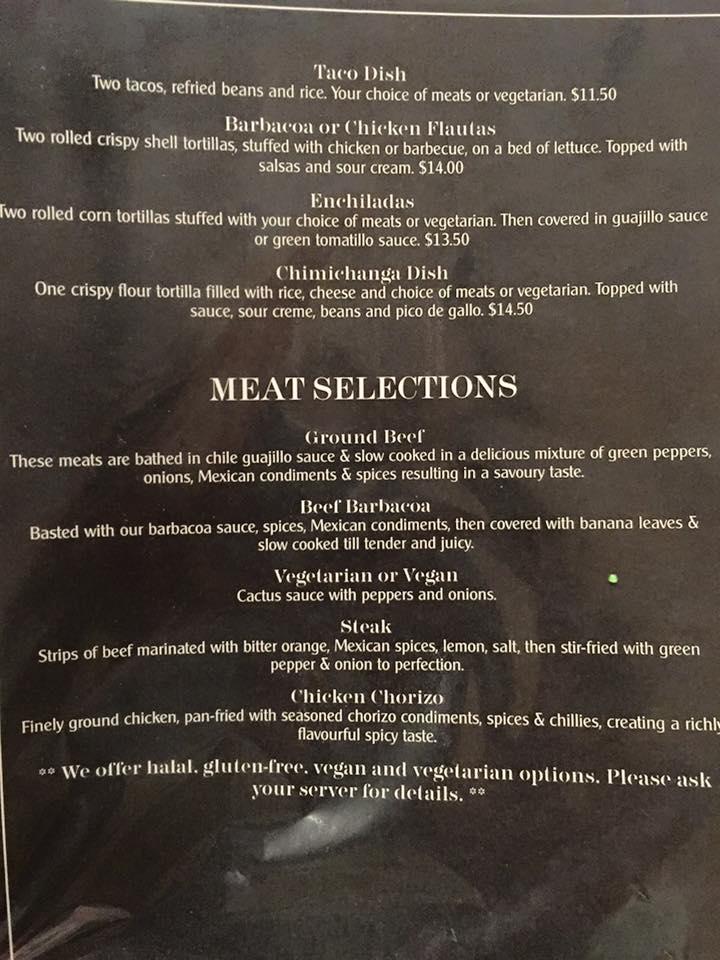 Menu at Mesa restaurant, Hamilton