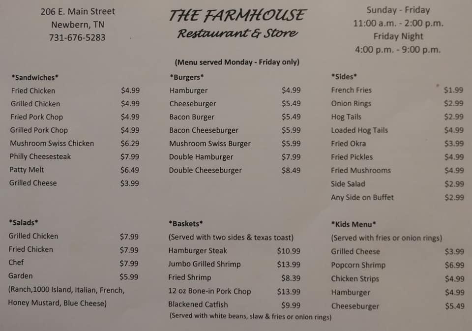Menu at The Farmhouse Restaurant & Store, Newbern