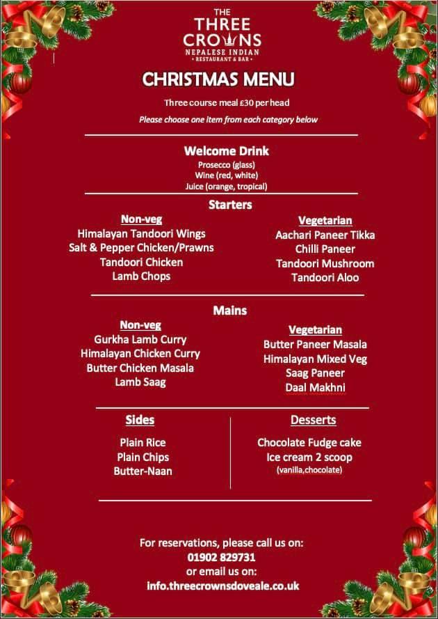 Menu at The Three Crowns Indian Restaurant and Bar, Wolverhampton, 102 ...