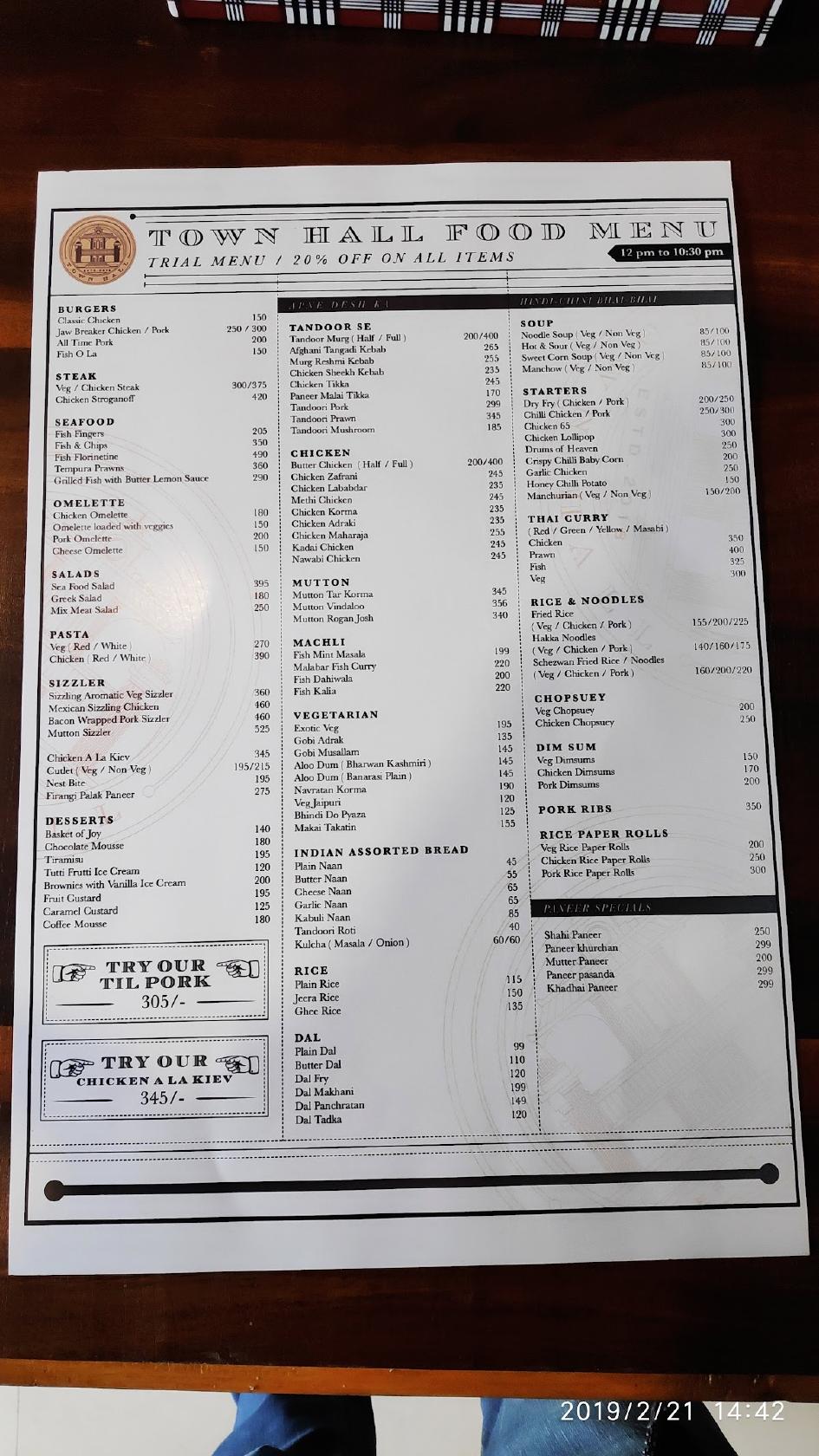 Menu at Town Hall Guwahati, Guwahati