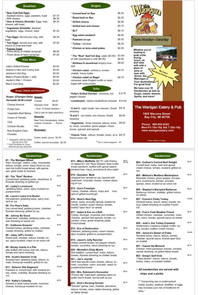 Menu at Wanigan Eatery restaurant, Bay City