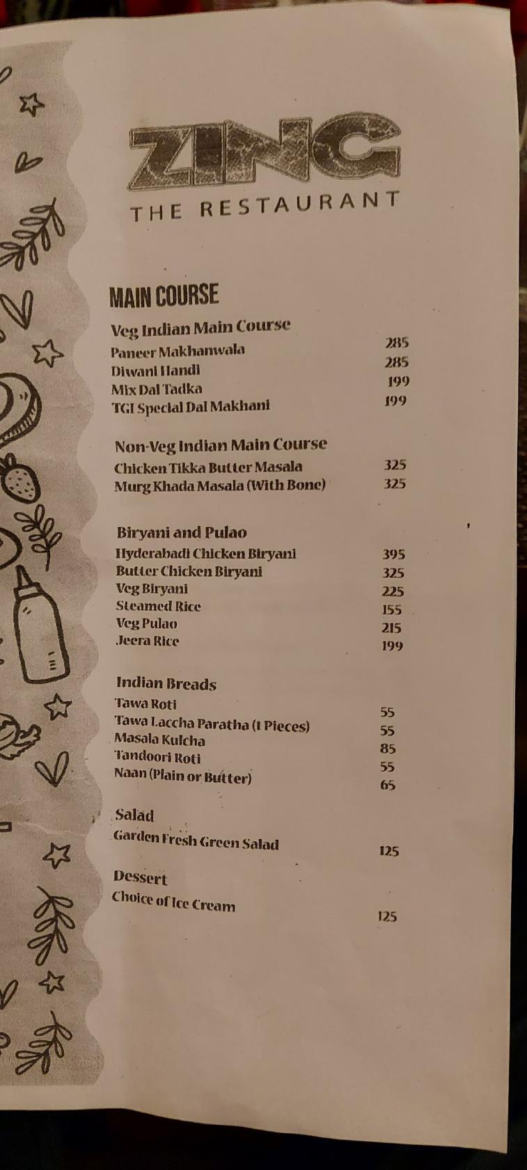 Menu at Zing, Jamshedpur, Zing by The Golden Iris