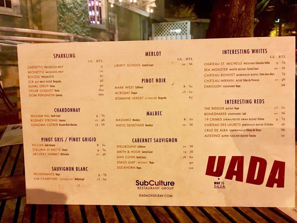Menu at Dada pub & bar, Delray Beach