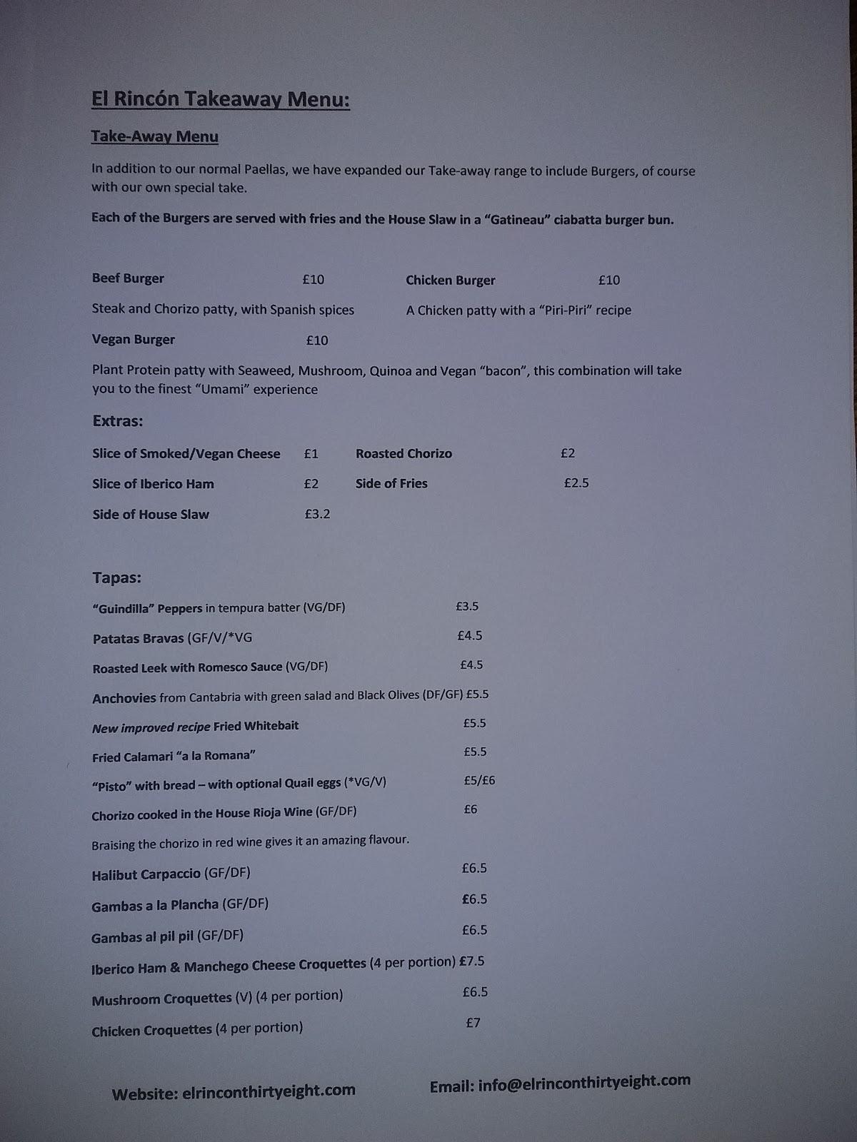 Menu at El Rincón restaurant, Oxford