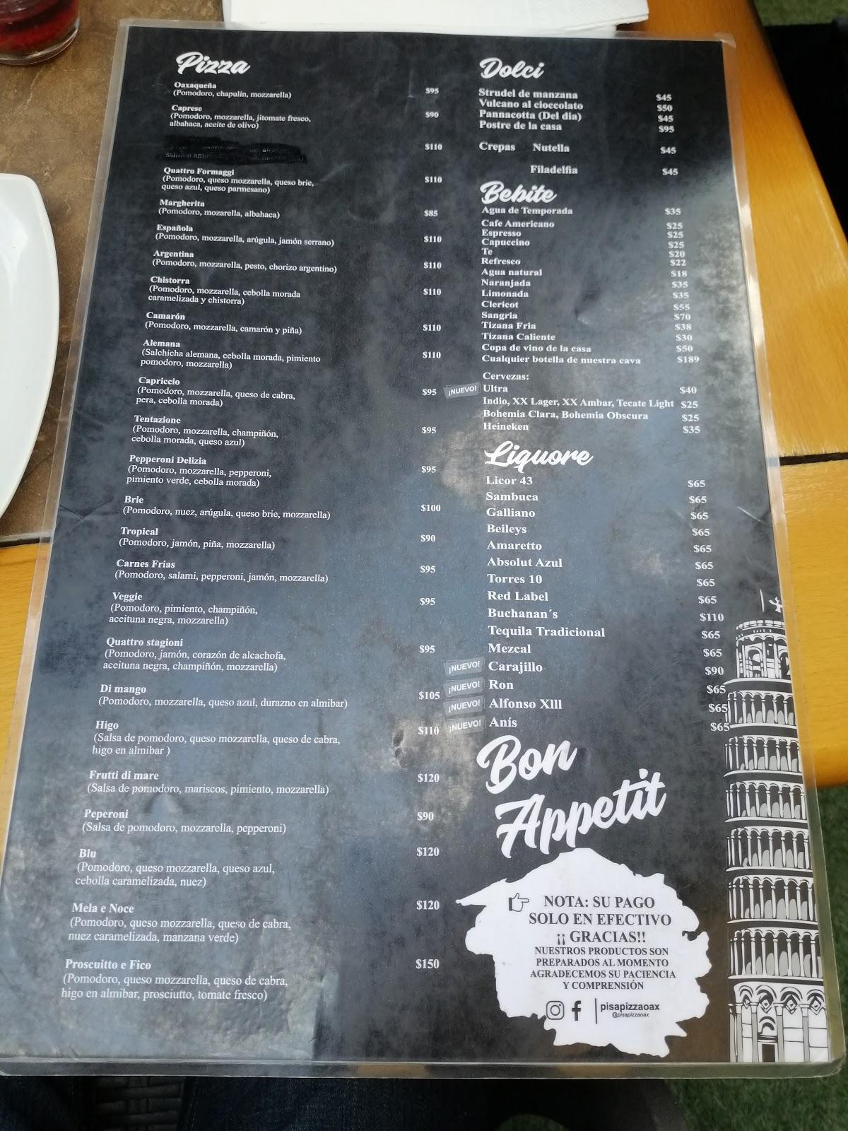 Menu at Pisa Pizza pizzeria, Oaxaca, Miguel Hidalgo 111B