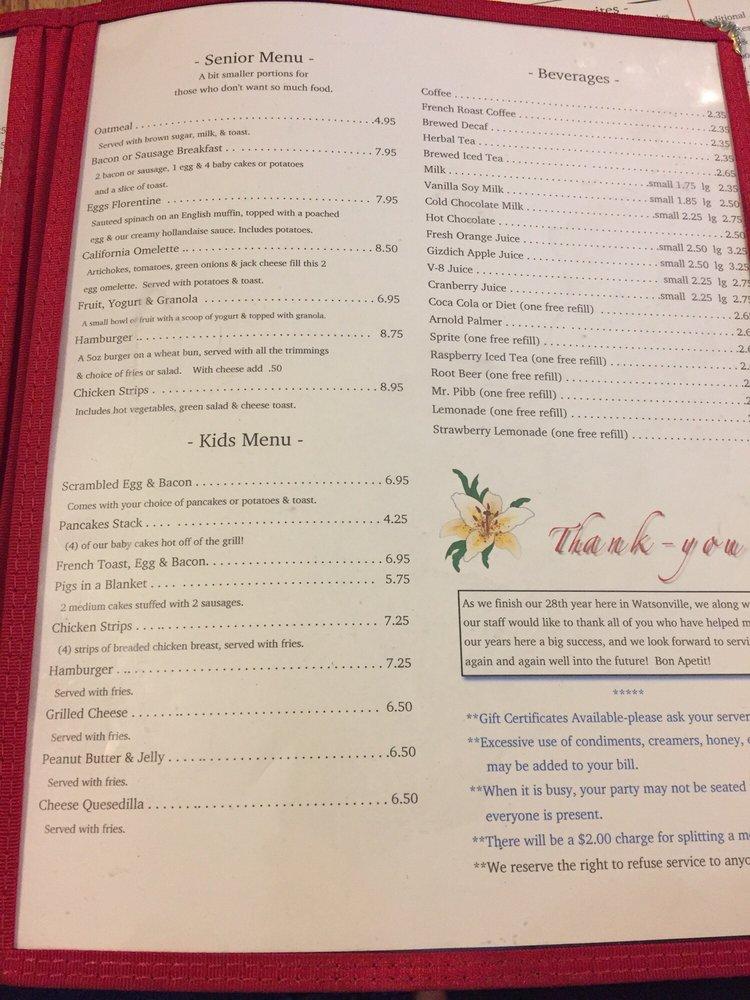 Menu at Red Apple Café cafe, Watsonville