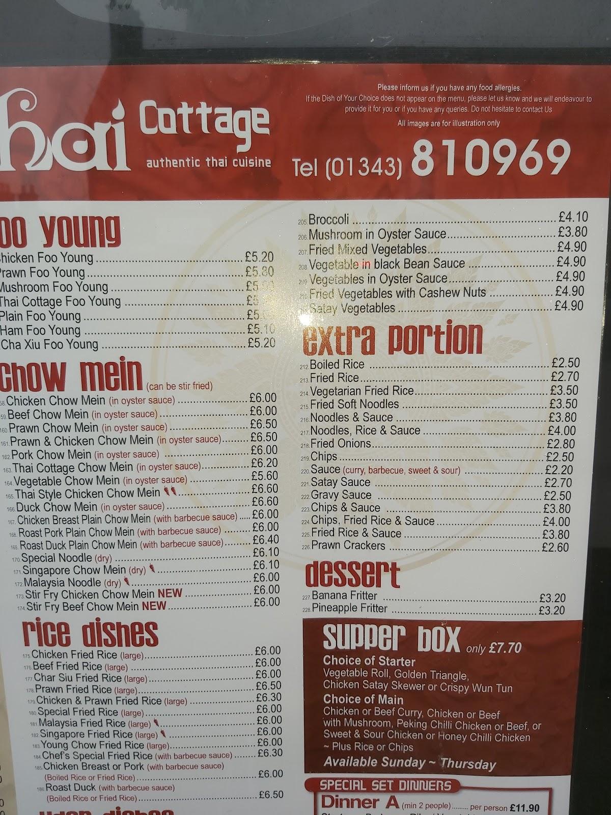 Menu at Thai Cottage restaurant, Lossiemouth