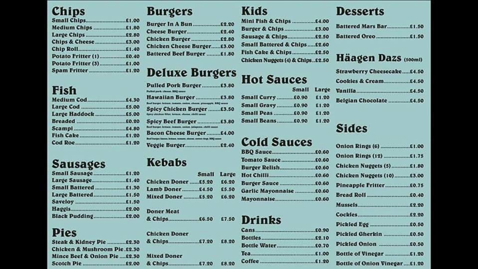 Menu at The Old Village Fish & Chip Shop restaurant, Corby