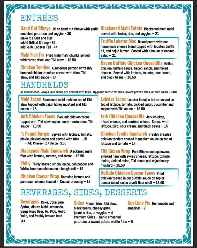 Menu at Tiki West Raw Bar and Grill, Tavares