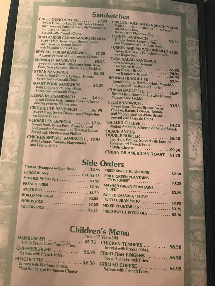 Menu at Versailles Cuban Bakery, Miami