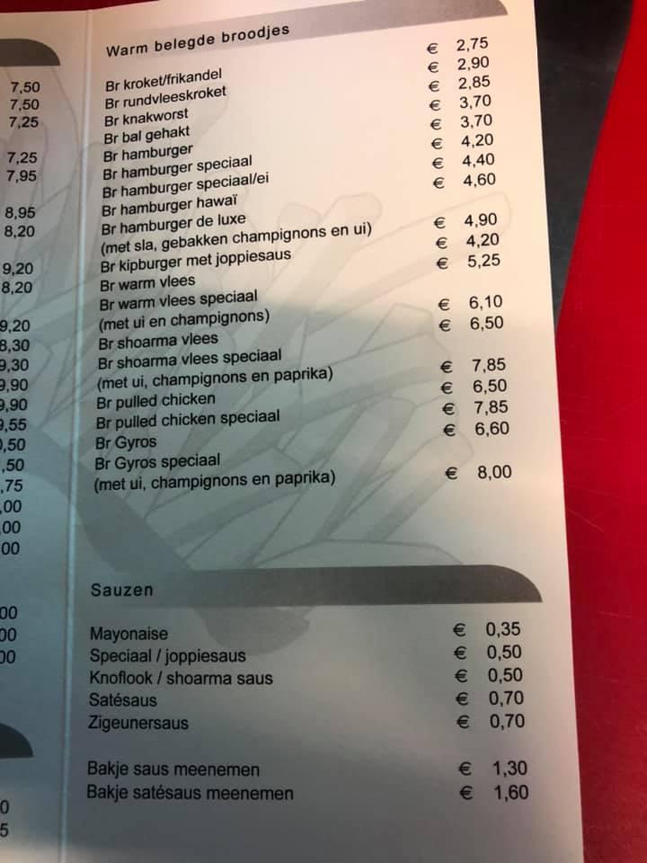 Menu at Wilma's Snackbar, Heerde