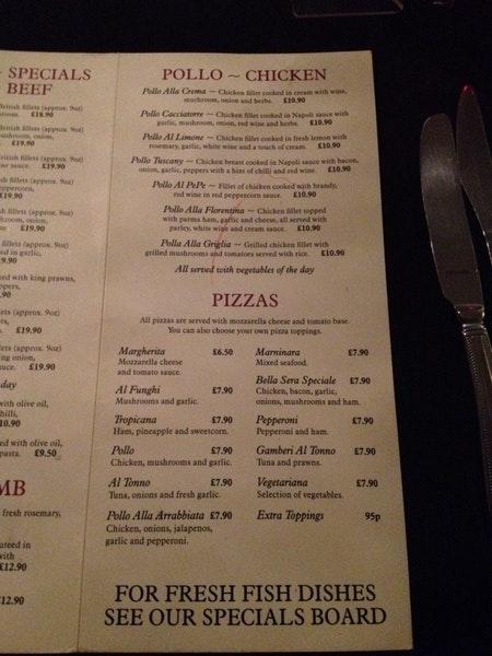 Menu at Bella Sera restaurant, Heywood, 13-15 Rochdale Road East