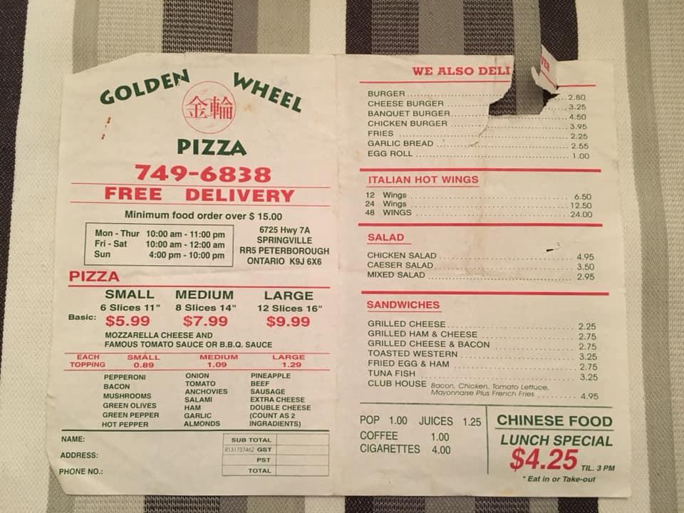 Menu at Golden Wheel Restaurant, Peterborough, Trans-Canada Hwy