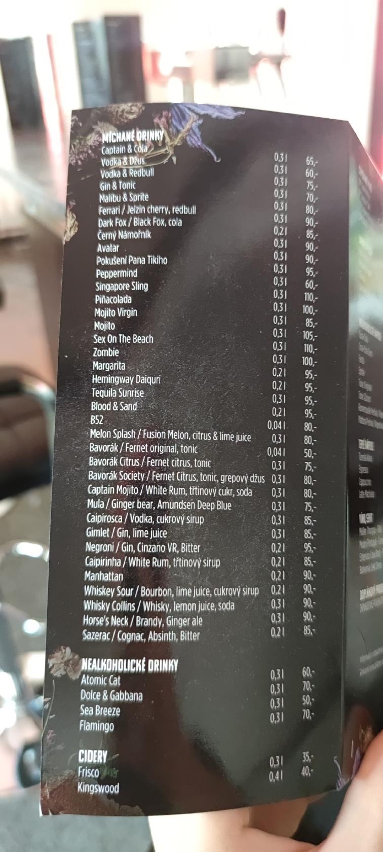 Menu at Haiti Bar, Klatovy