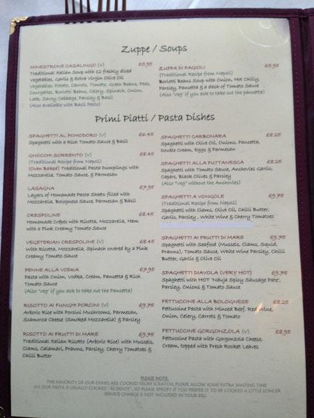 Menu at Il Vesuvio Restaurant, Royal Tunbridge Wells