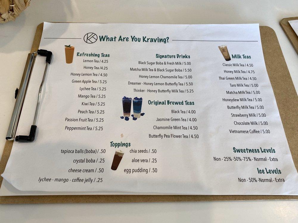 Menu at Krave Tea restaurant, Winter Park