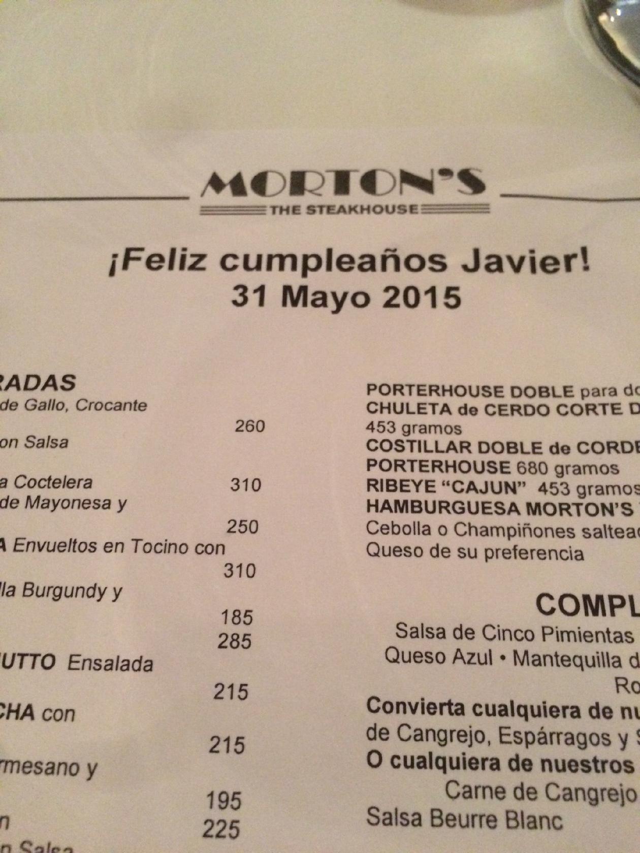 Menu at Morton's steakhouse, Ciudad López Mateos