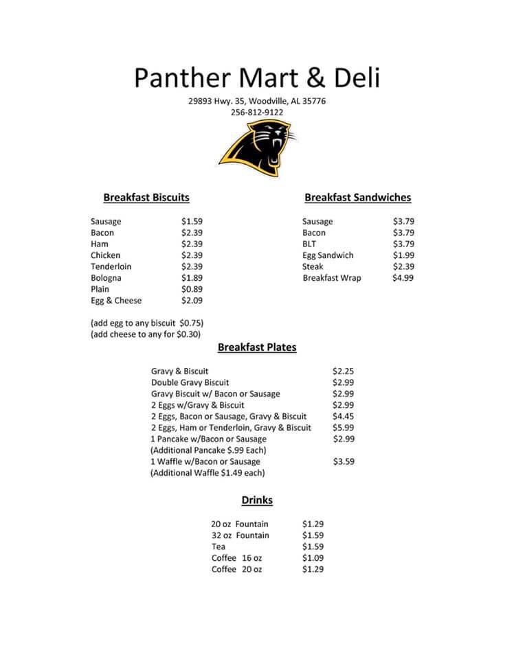 Menu at Panther Mart & Deli pizzeria, Woodville