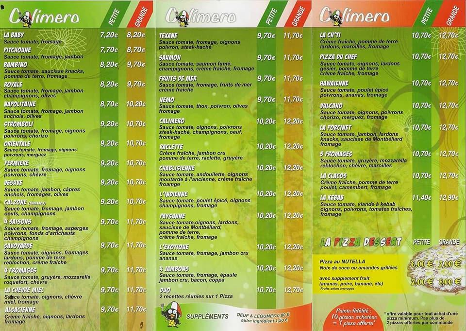 Menu at Pizza Calimero pizzeria, Migennes