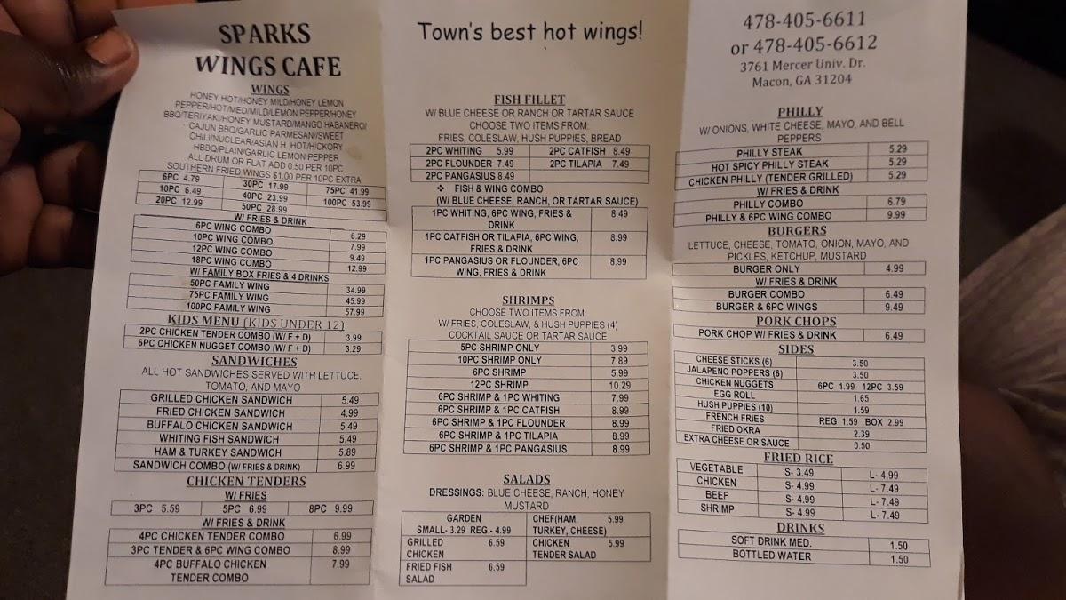 Menu at Sparks Wing Cafe, Macon
