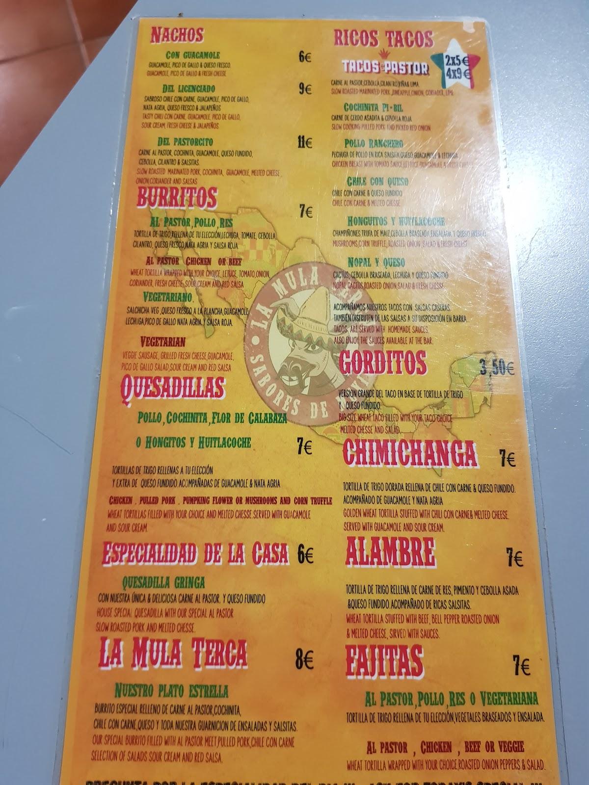 Menu at Taquería Mexicana La Mula Terca restaurant, Mojácar