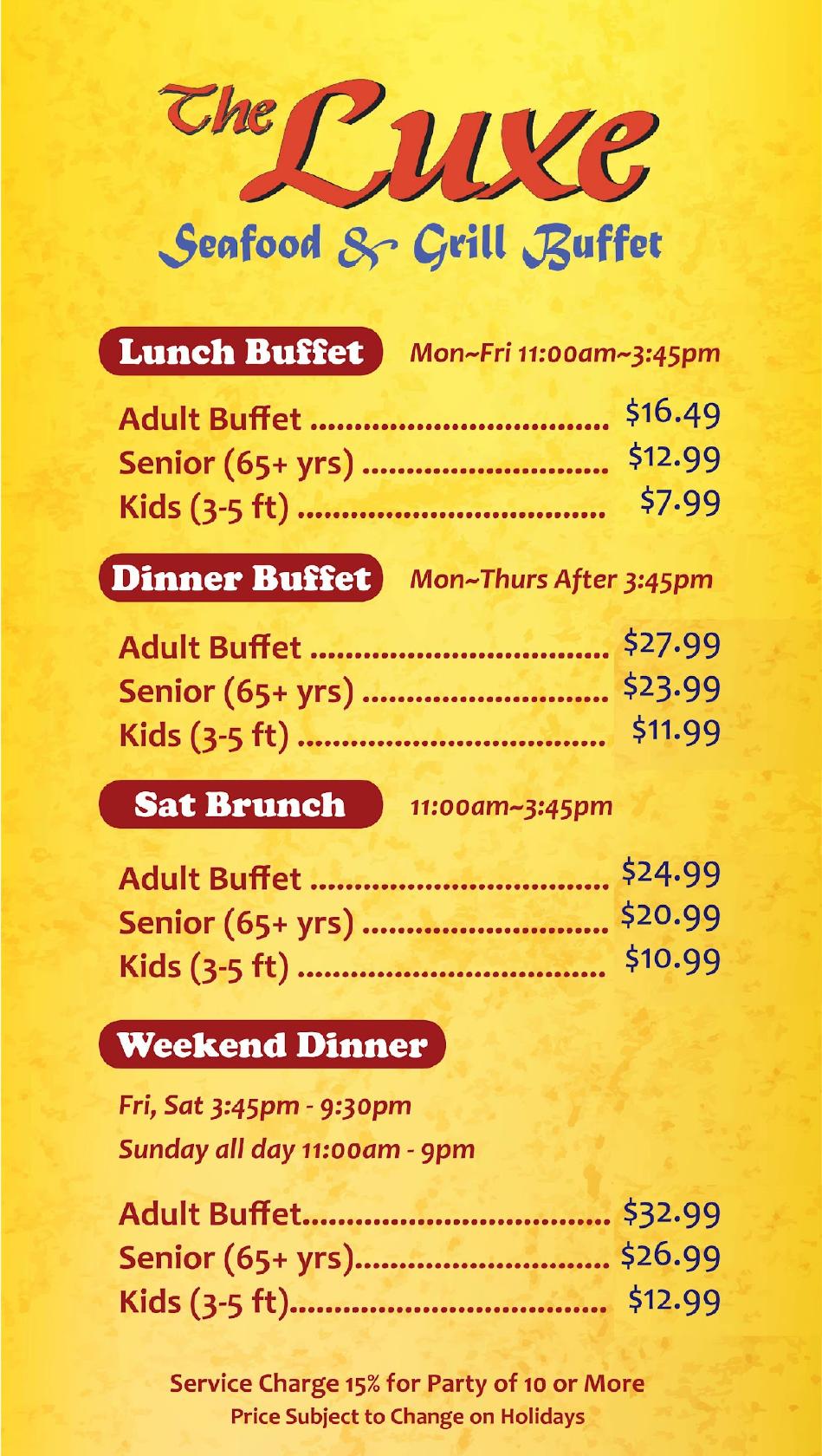 Menu at The Luxe Buffet restaurant, Westminster, Westminster Mall